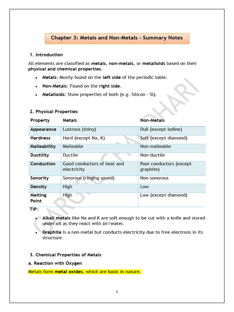 Metals vs Non-Metals: Key Properties Summary | PDF | Metals | Salt ...