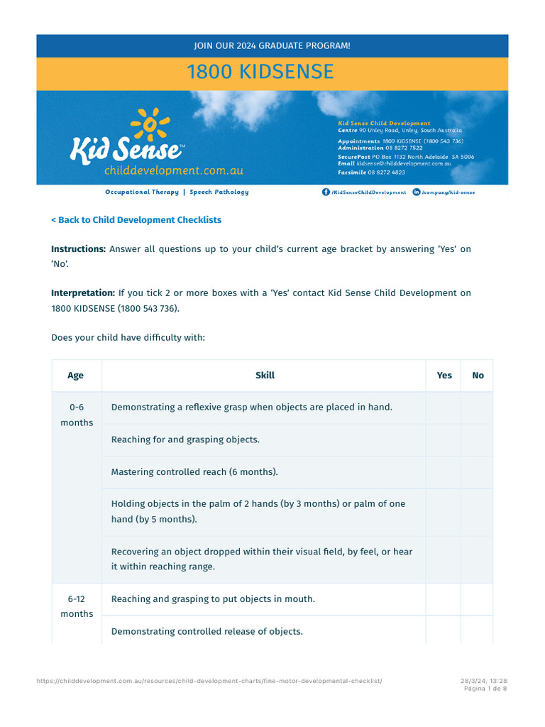 Fine Motor Development Checklist - Kid Sense Child Development | PDF