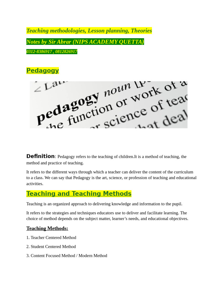 Learning Methodologies Lesson Plan and Theories by Sir Abrar | PDF ...