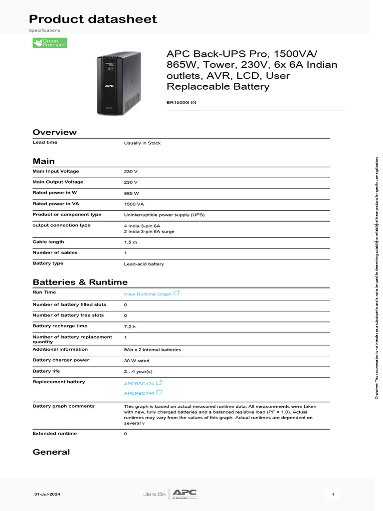 APC BR1500G-IN UPS Specifications | PDF | Manufactured Goods | Computer ...