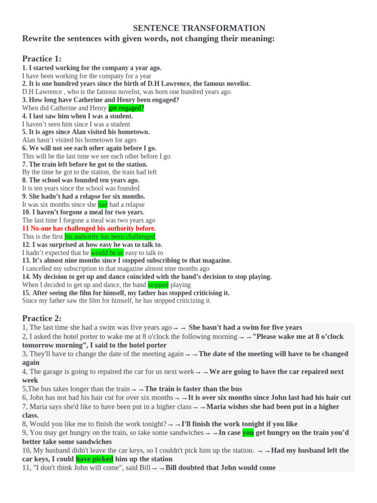 Sentence Transformation Exercises | PDF