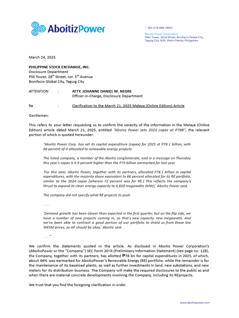 AP Clarificatory Letter To PSE 03.24.25 Aboitiz Power Sets 2025 Capex ...