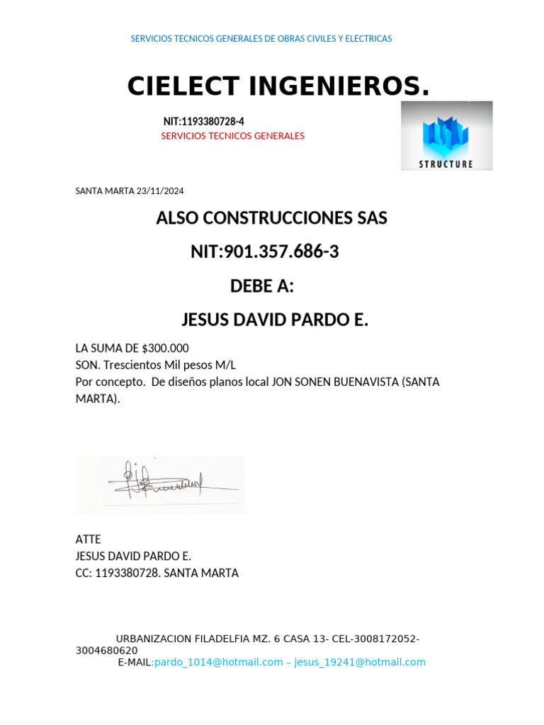 Cuenta de Cobro j Diseño de Planos Local Jon Sonen B-Vista Santa Marta-2 | PDF