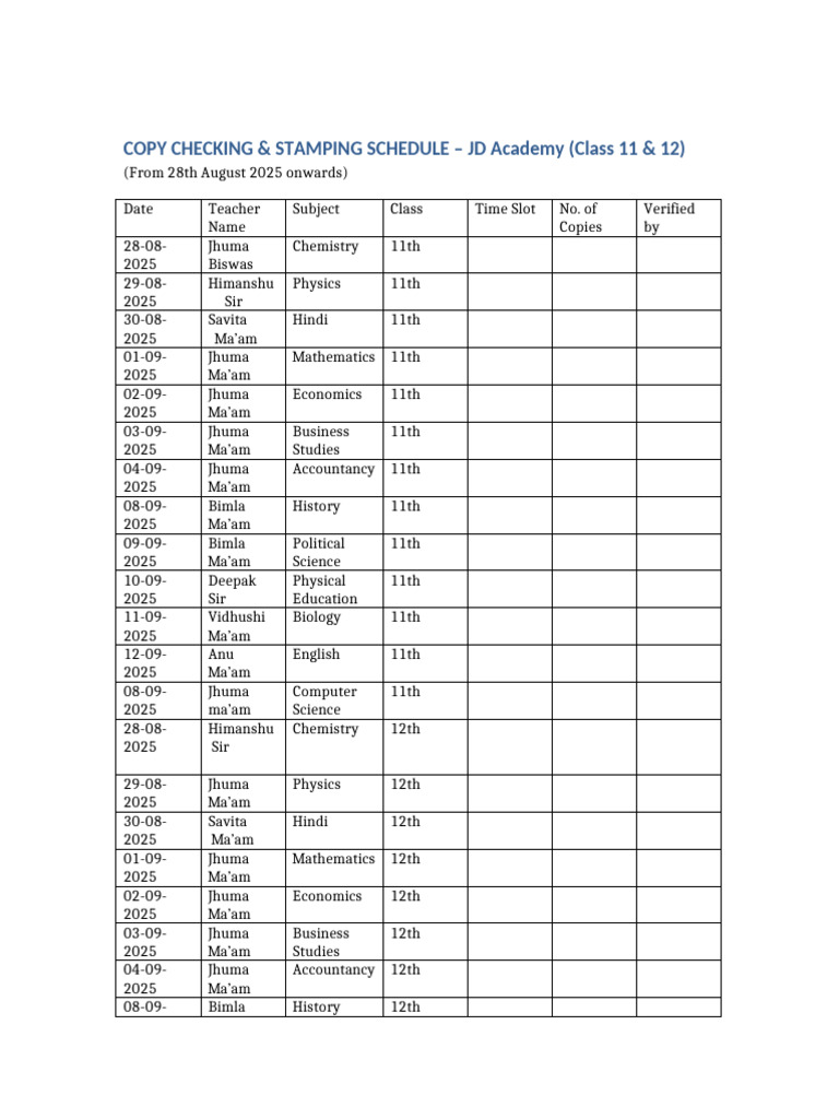 Copy Checking Schedule | PDF