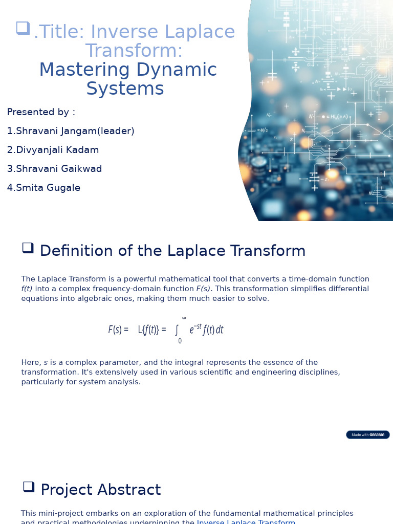 Inverse Laplace Transform A Mini Project - PPTX New - PPTX New4 | PDF | Laplace Transform ...