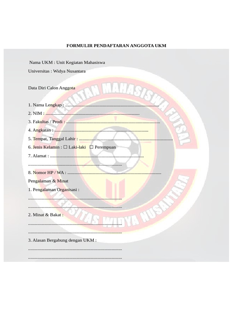 Formulir Pendaftaran Anggota UKM | PDF