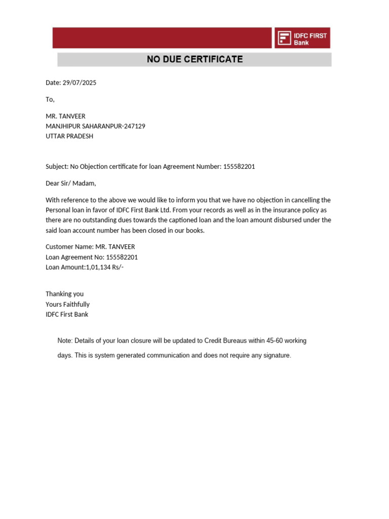 Two Whiller Noc (1) Idfc Bank | PDF