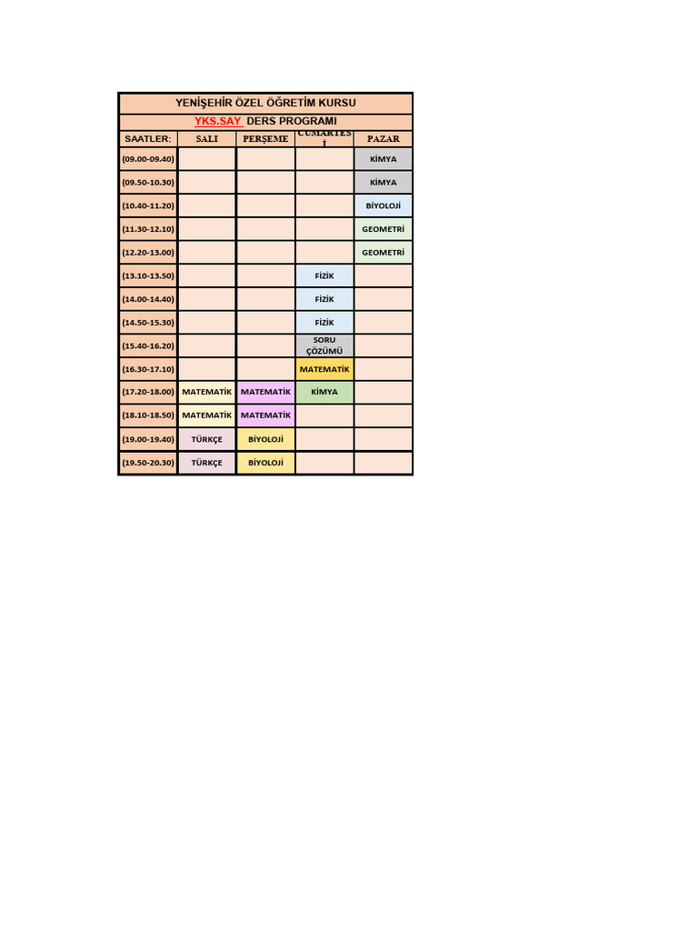2025-2026 Yks - Say Sinif Ders Programi | PDF
