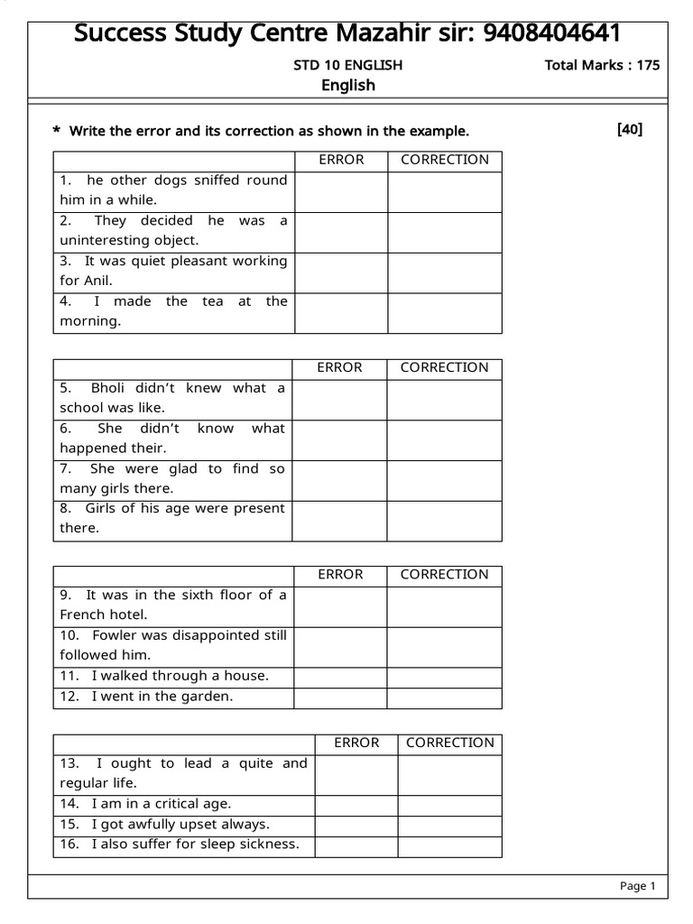 Error Corrections for Std 12 English | PDF | Question | Language Mechanics