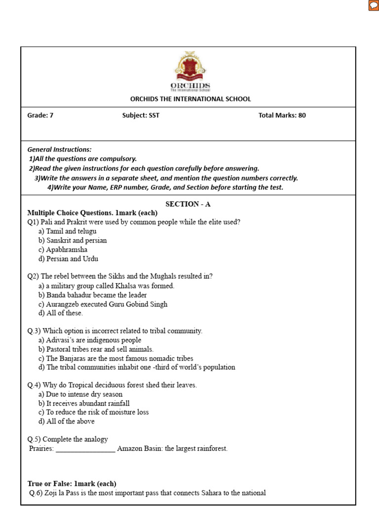 Grade 7 SST Test Paper - Orchids School | PDF