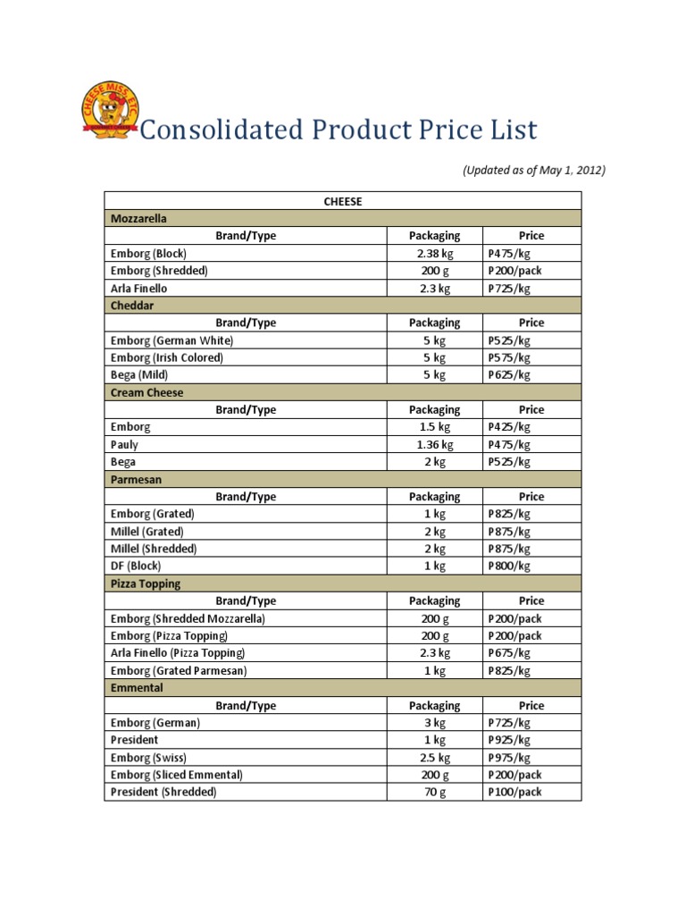Updated Cheese Price List 2012 | PDF | Cheddar Cheese | Beef