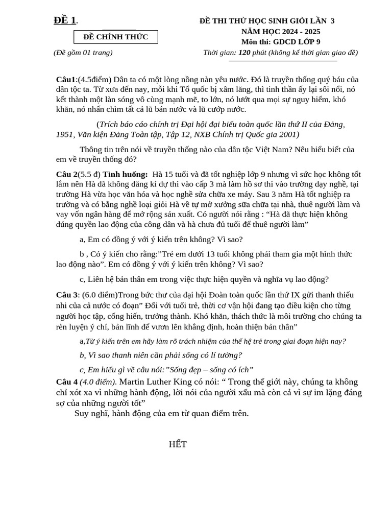 Đề Hsg Gdcd 9 Cụm 2024-2025 | PDF