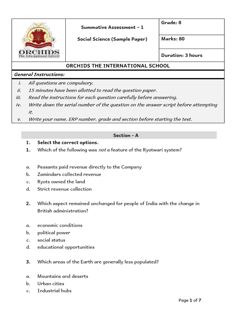Sa1 - t1 - Grade 8 - SSC - QP - Set A - All Zones - Sample Paper | PDF ...