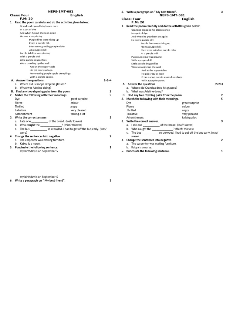 English Activities for Class Four Students | PDF | Chess Theory
