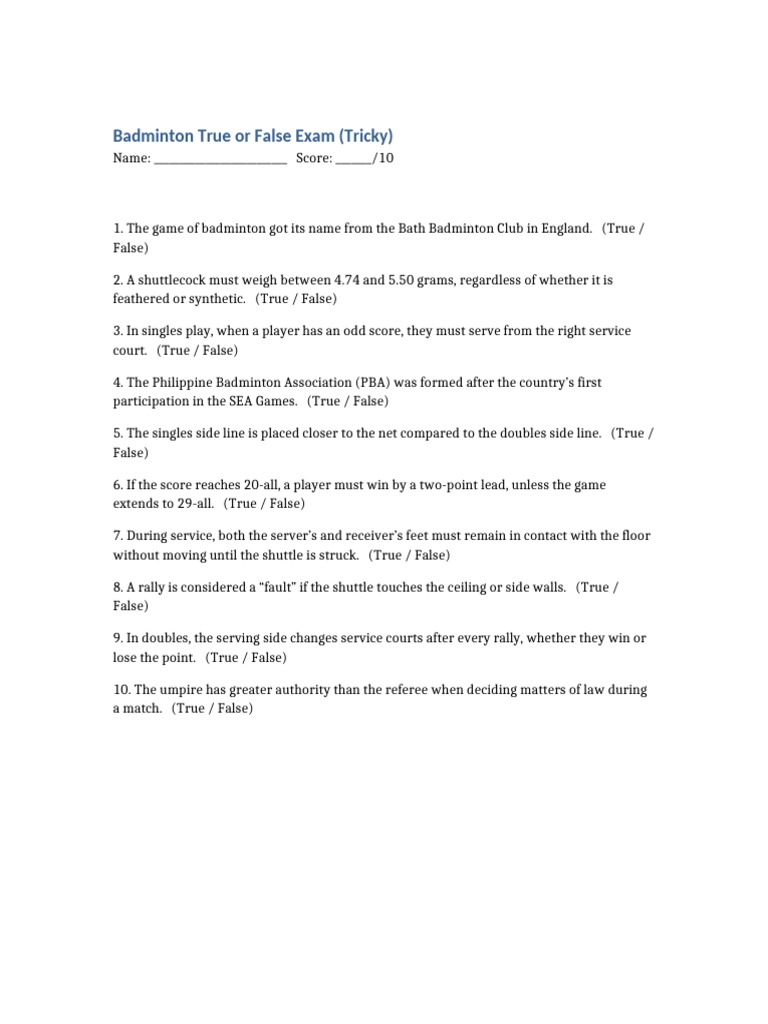Badminton TrueFalse Tricky | PDF
