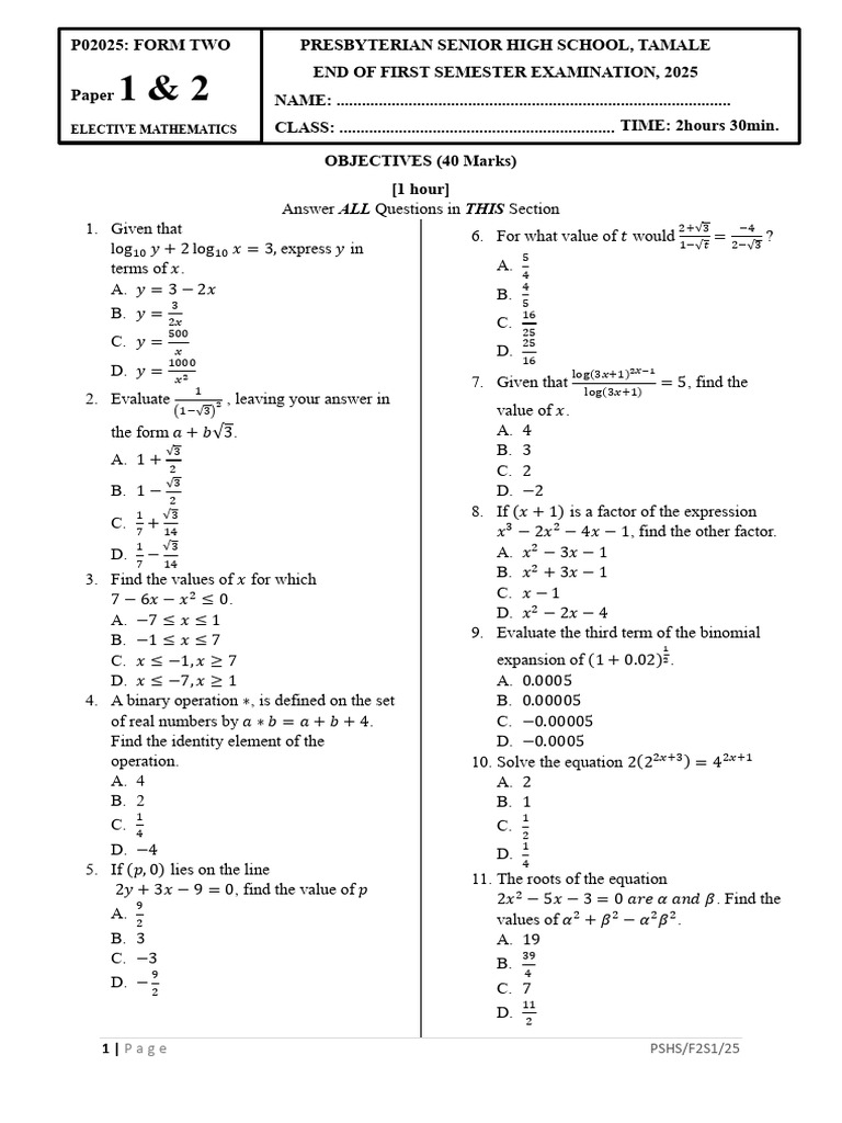 End of Sem Presec E.math f2b | PDF | Function (Mathematics) | Equations