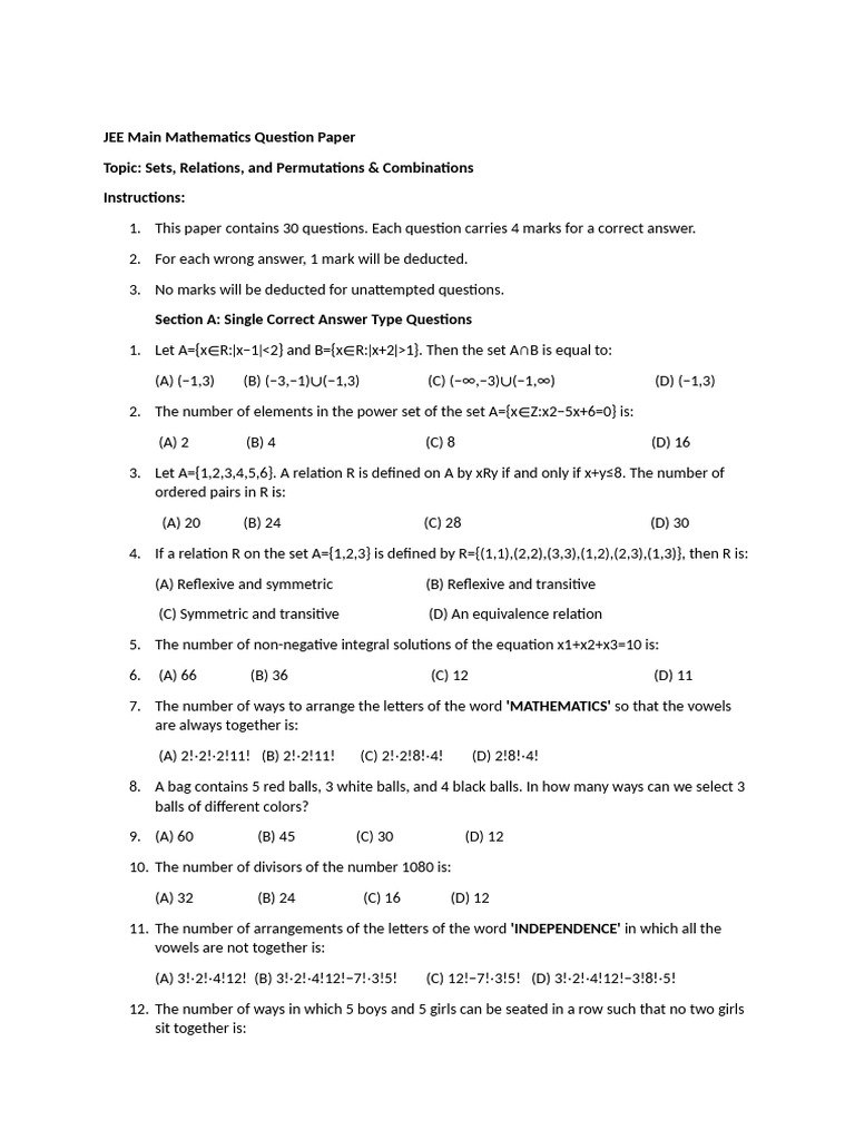 JEE Main Math: Sets & Combinations Exam | PDF | Numbers | Mathematical ...