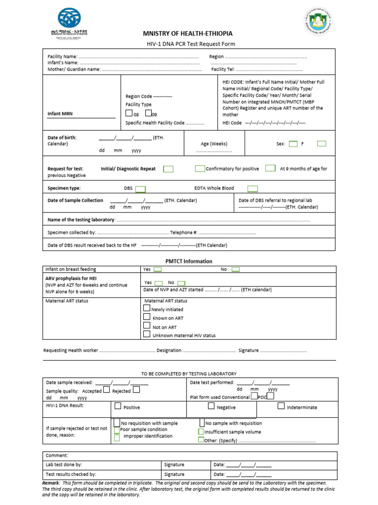 HIV-1 DNA PCR Test Request Form | PDF | Hiv/Aids | Clinical Medicine