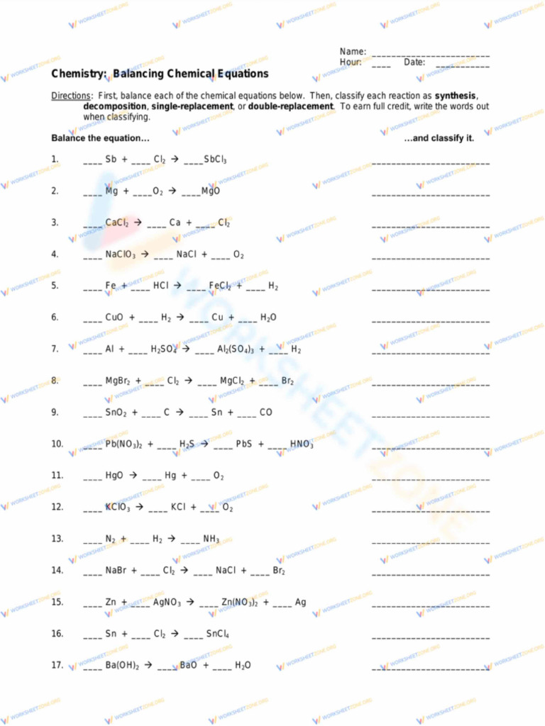 Balancing Chemical Equations Worksheet | PDF