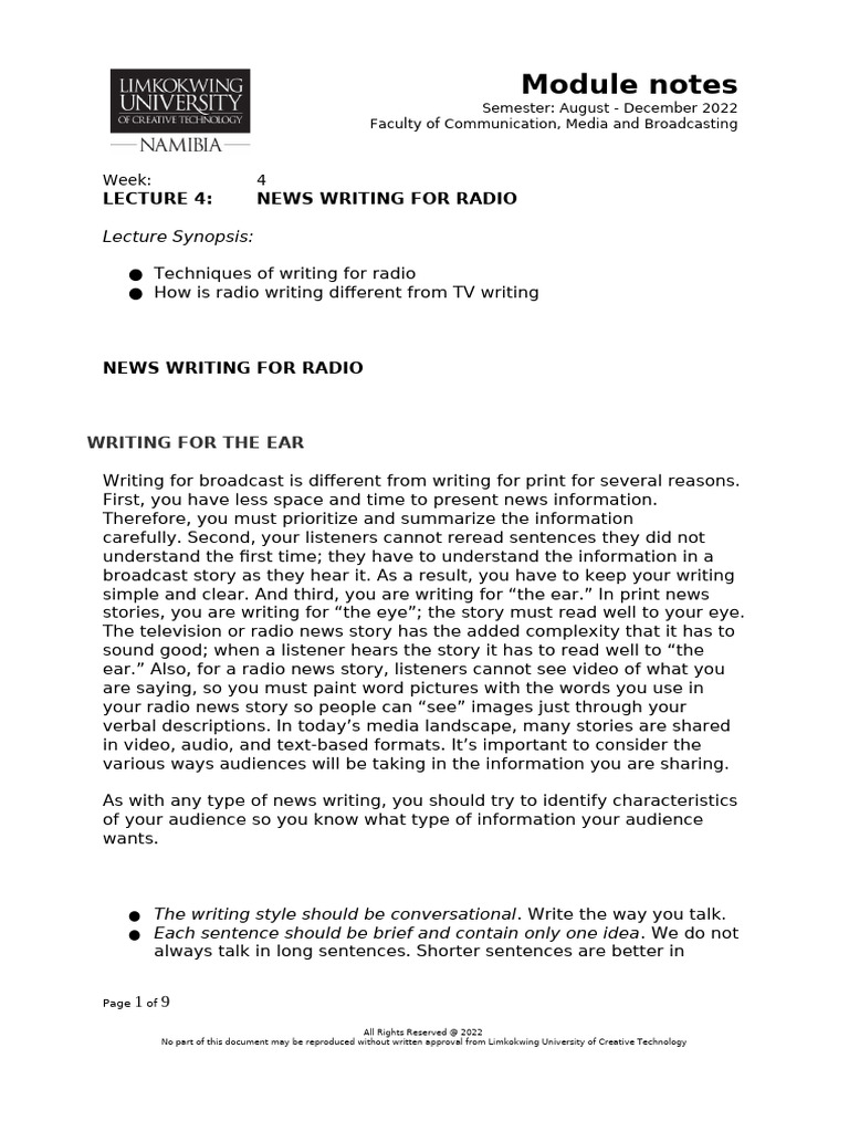 Radio News Writing Techniques Guide | PDF | News | Radio