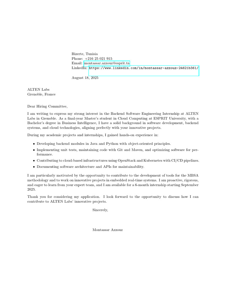 Montassar Azzouz LettreMotivation ALTEN | PDF