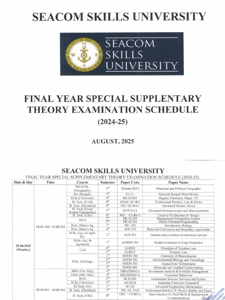 Special Supplementary Exam Schedule | PDF