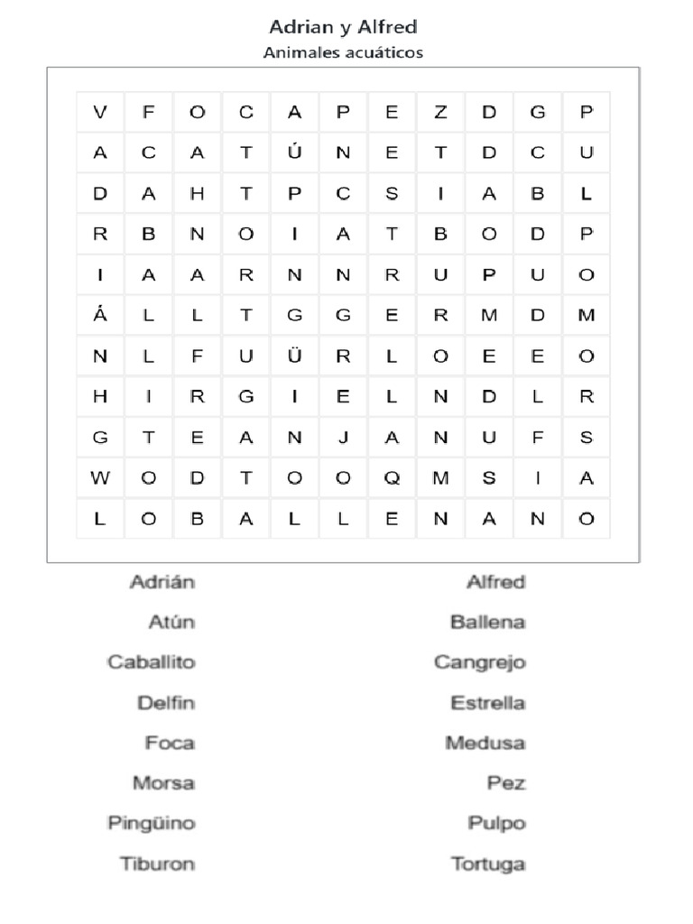 Sopa de Letras - Adrian y Alfred Animales Marinos | PDF