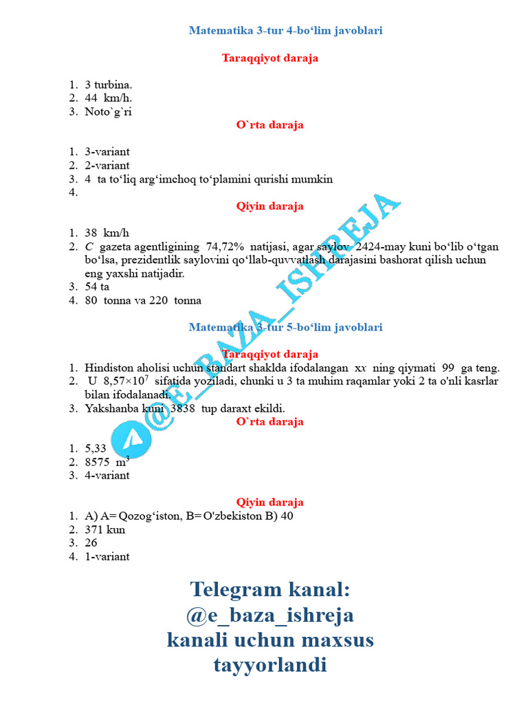Cerebry Matematika 3 Tur 4 5 6 7 Bo'Lim Javoblari@e Baza Ishreja | PDF