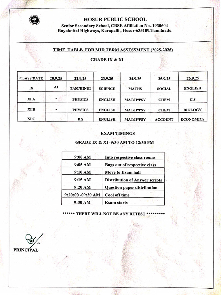 GR IX - XI Timetable For Midterm Assessment | PDF