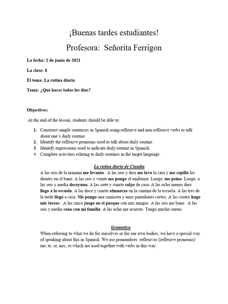 Rutina Diaria en Español: Ejercicios y Gramática | PDF
