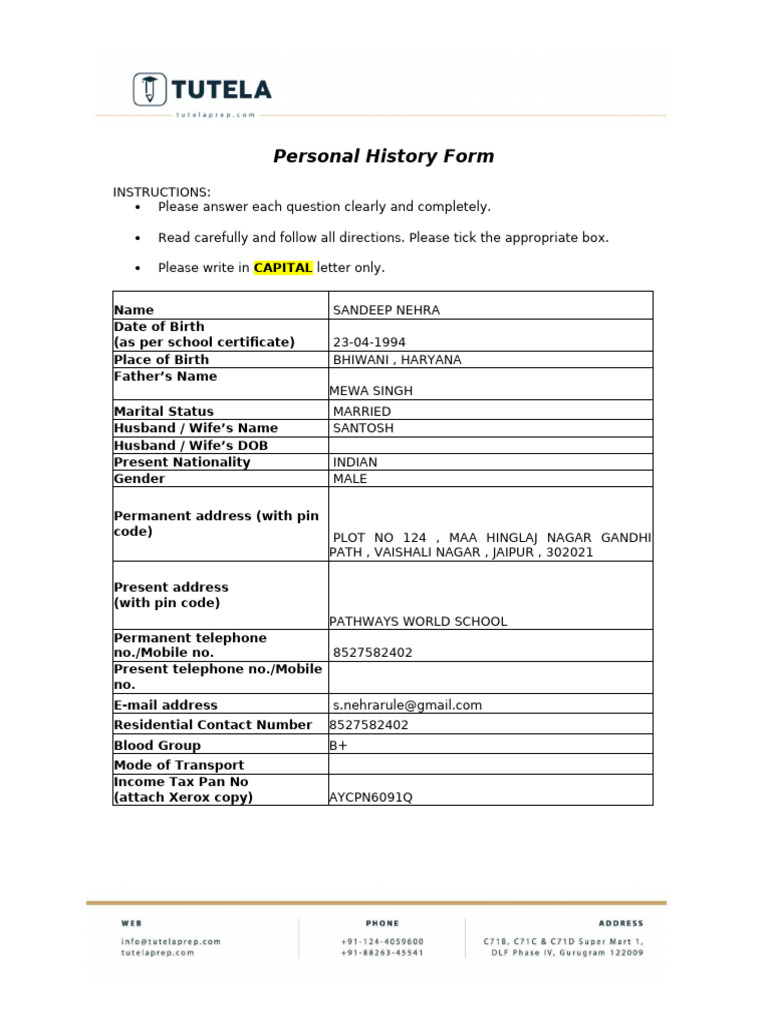 Employee Personal History Form | PDF