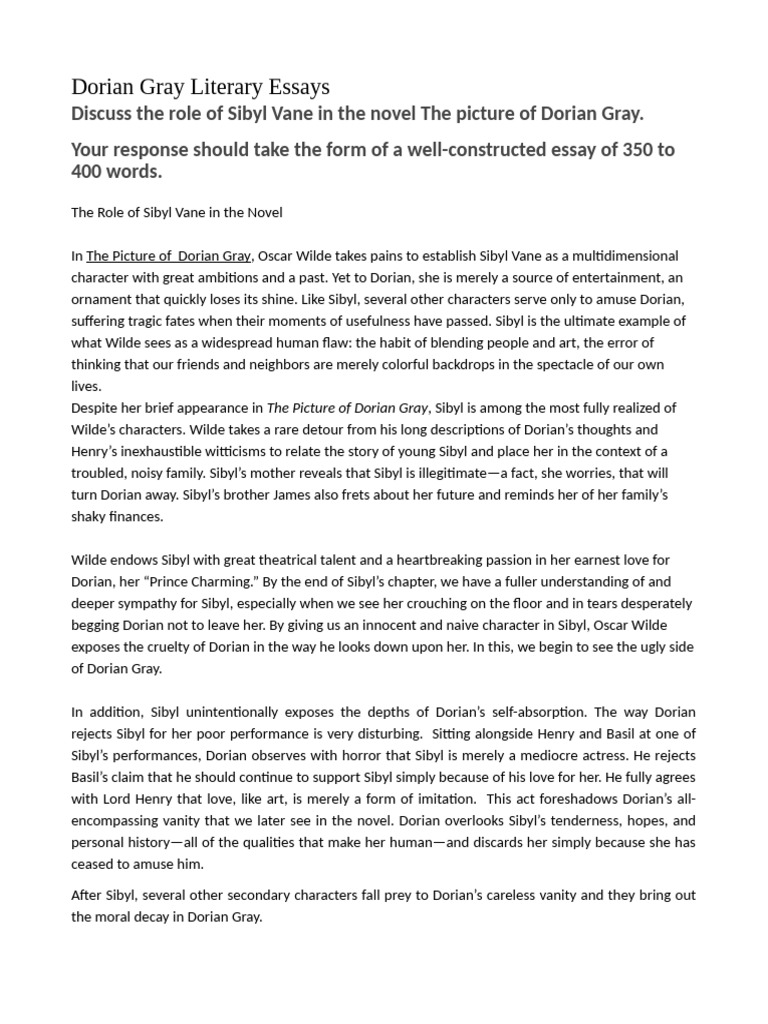 Sample Essays Dorian Gray | PDF | The Picture Of Dorian Gray