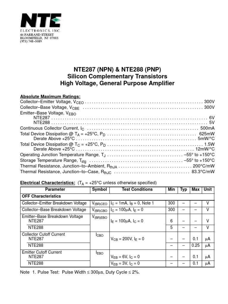 High Voltage Silicon Transistors NTE287/NTE288 | PDF | Computers ...