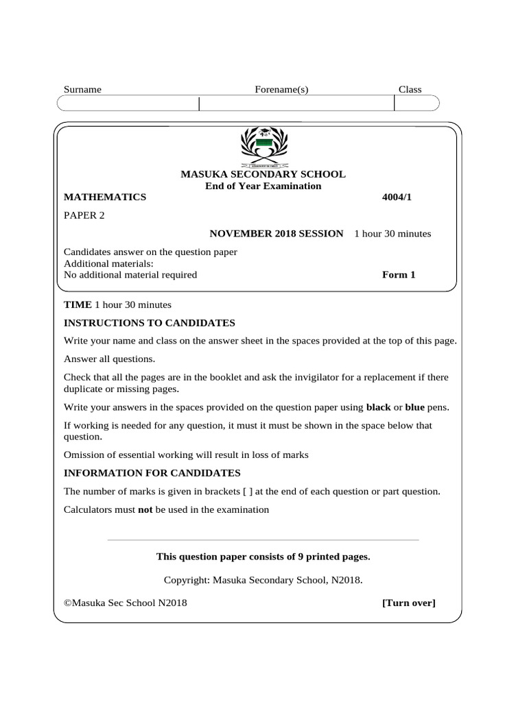 Mathematics Paper 2 Examination 2018 | PDF | Arithmetic | Number Theory