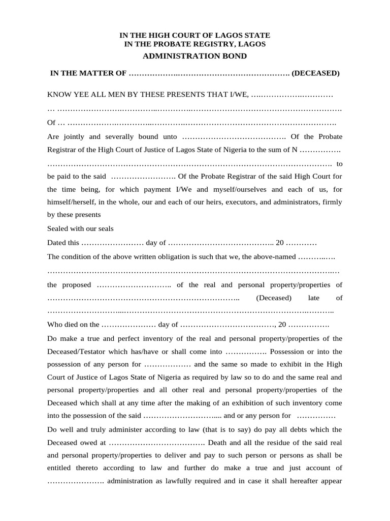 Administration Bond Template | PDF | Probate | Justice