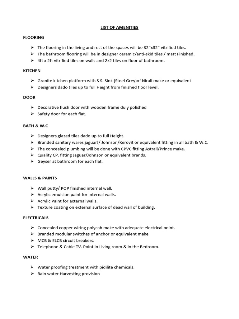 List of Amenities - Vijaynagar 04.02.2023 | PDF | Bathroom | Tile