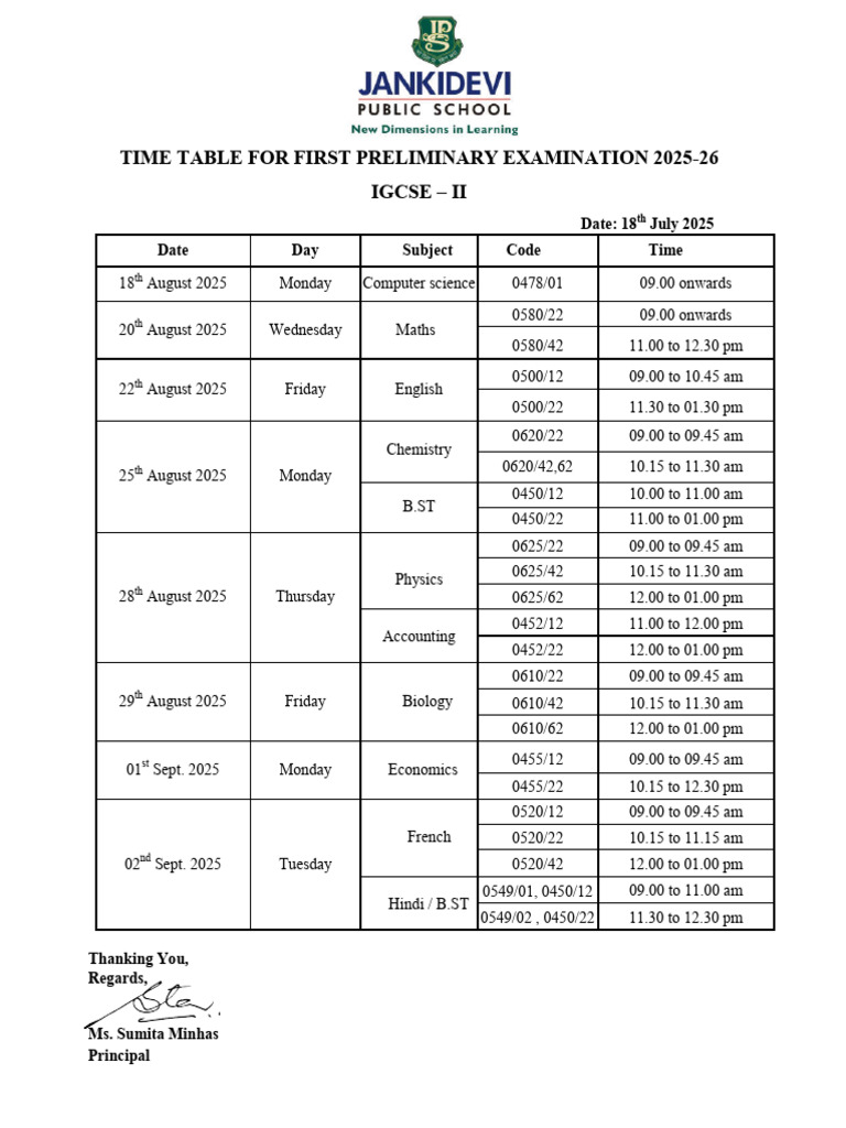 Mock Test - I Time Table For IGCSE - II 25-26 | PDF