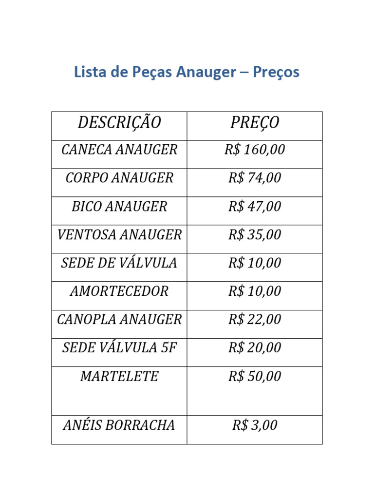 Lista Pecas Anauger Folha Toda | PDF