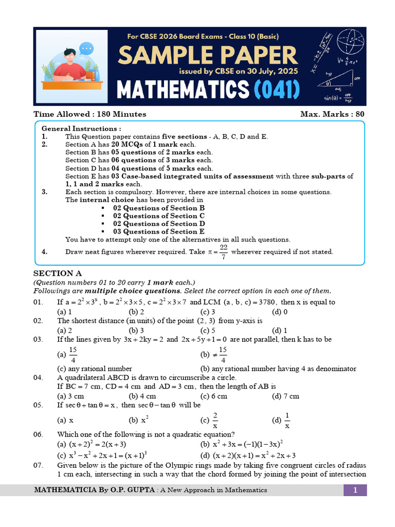 Class X Maths Sample Paper 2026 | PDF | Circle | Area