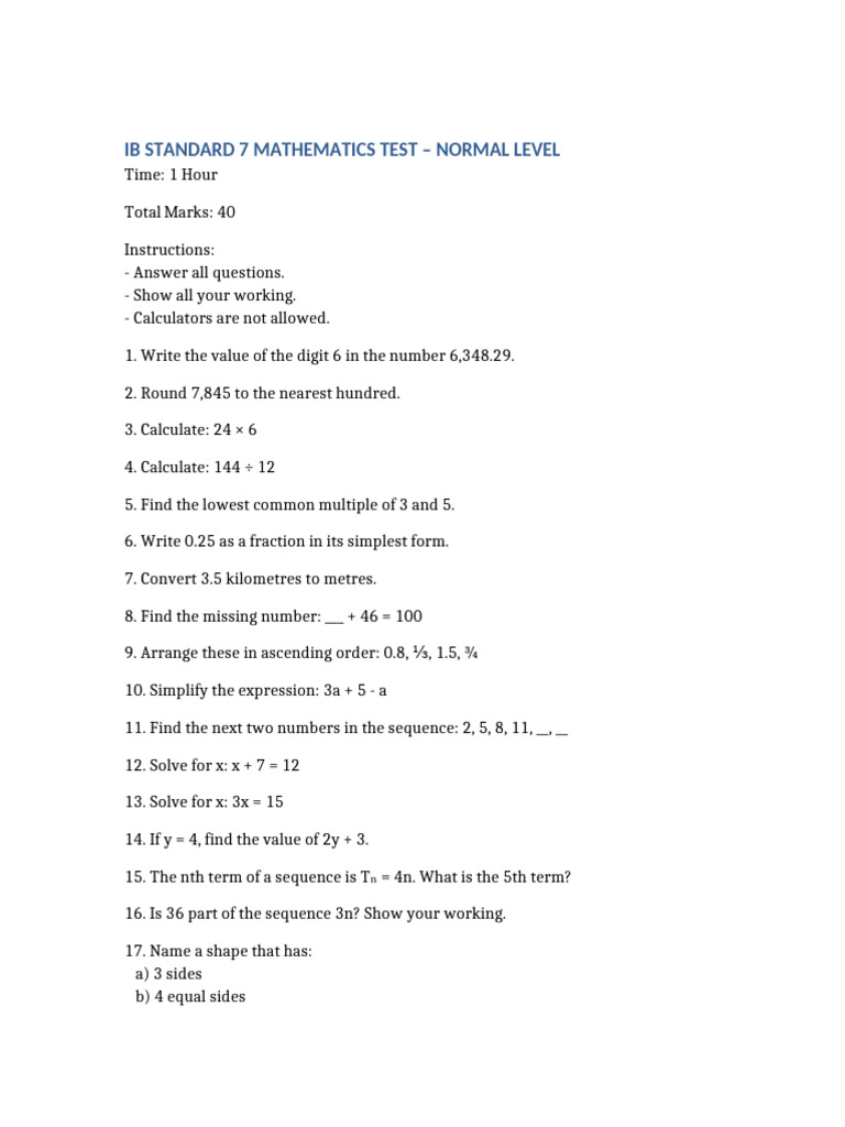 Class 7 Maths Test Overview | PDF