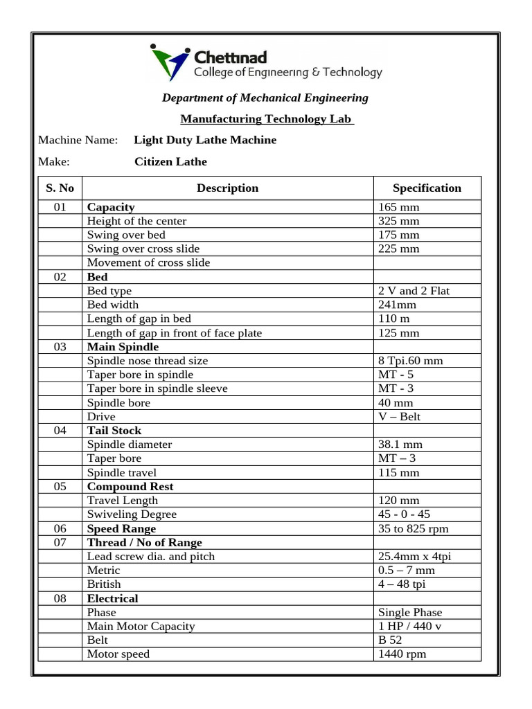 Mechanical Engineering Lab Machine Specs | PDF | Screw | Gear