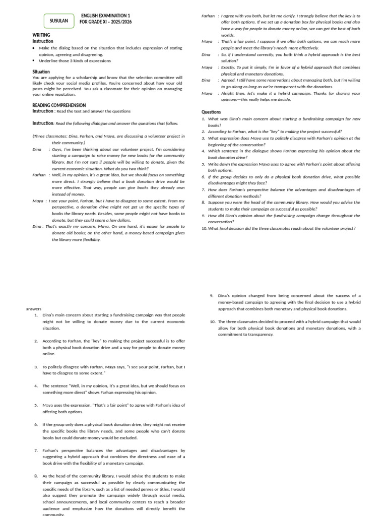 Grade XI English Exam: Dialog & Comprehension | PDF
