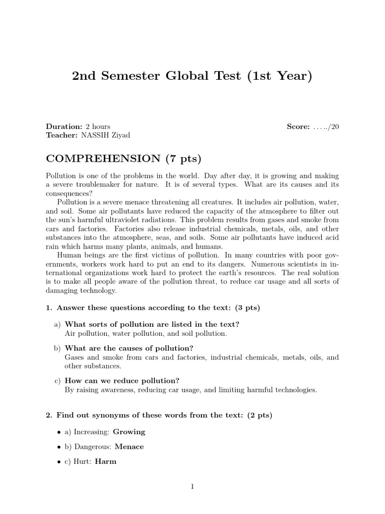 1st Year Global Test on Pollution | PDF