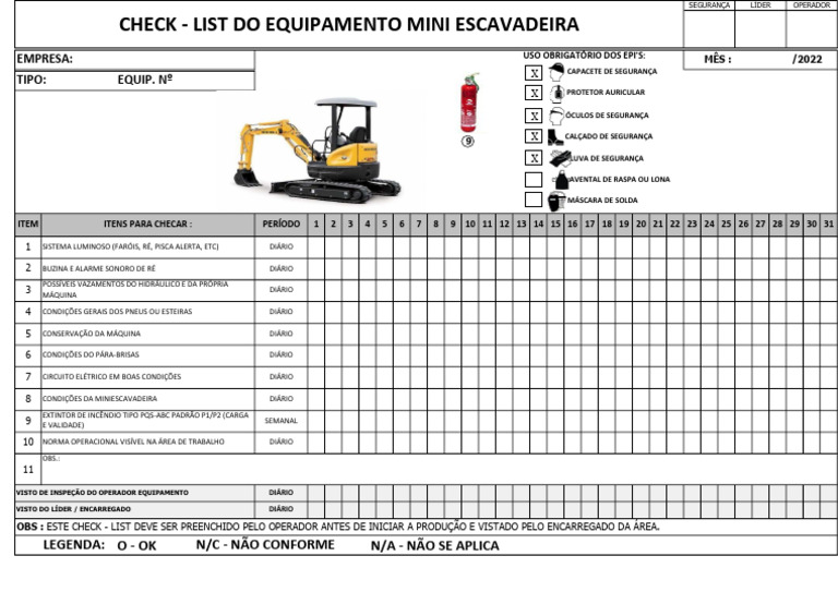 Checklist Diário Mini Escavadeira | PDF