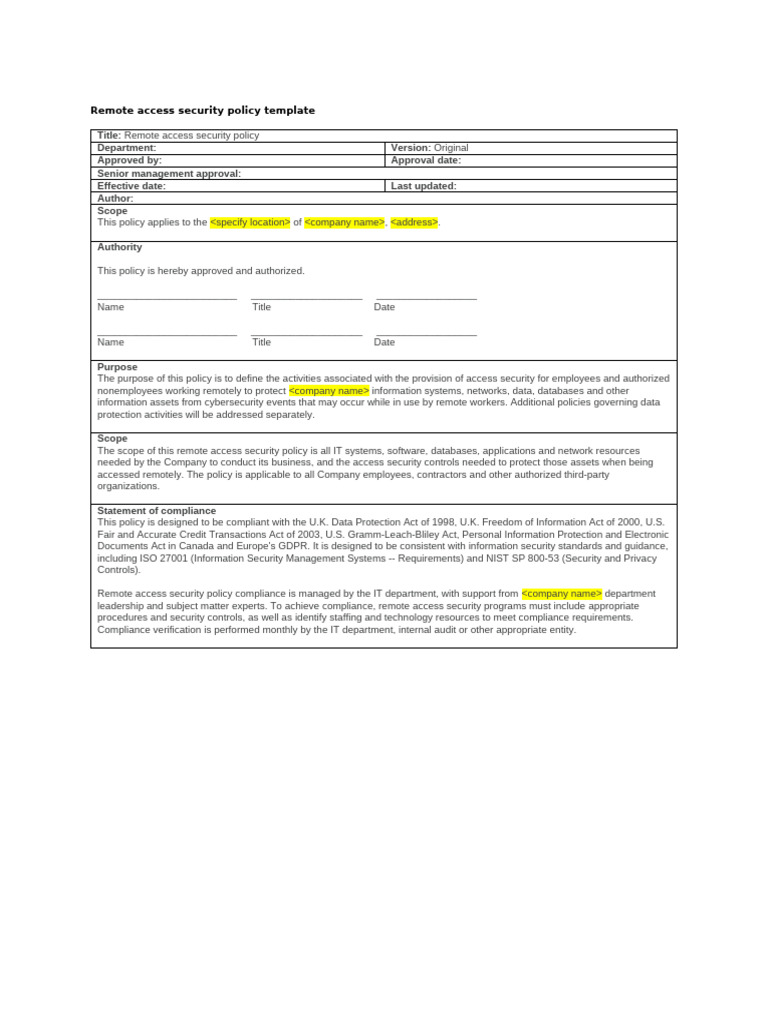 Remote Access Security Policy Template | PDF | Computer Security | Security