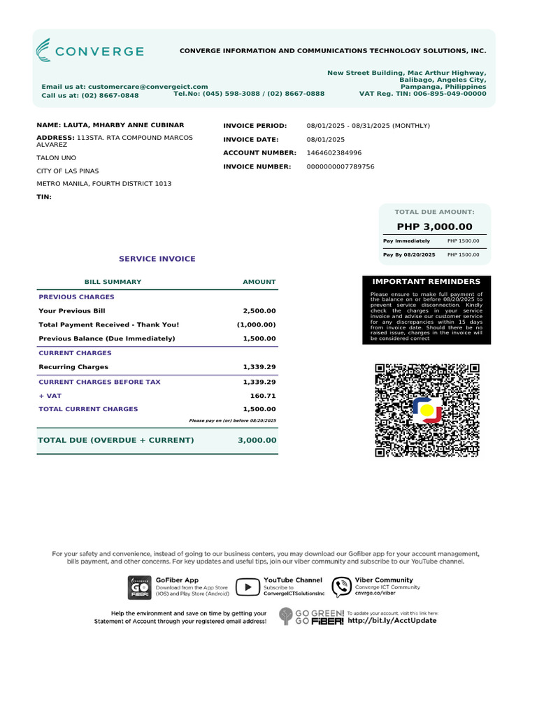 Converge Service Invoice Summary 2025 | PDF | Invoice | Receipt