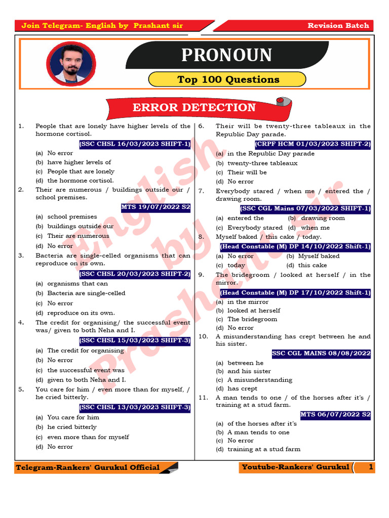 Pronoun Top 100 Questions by Prashant Sir | PDF