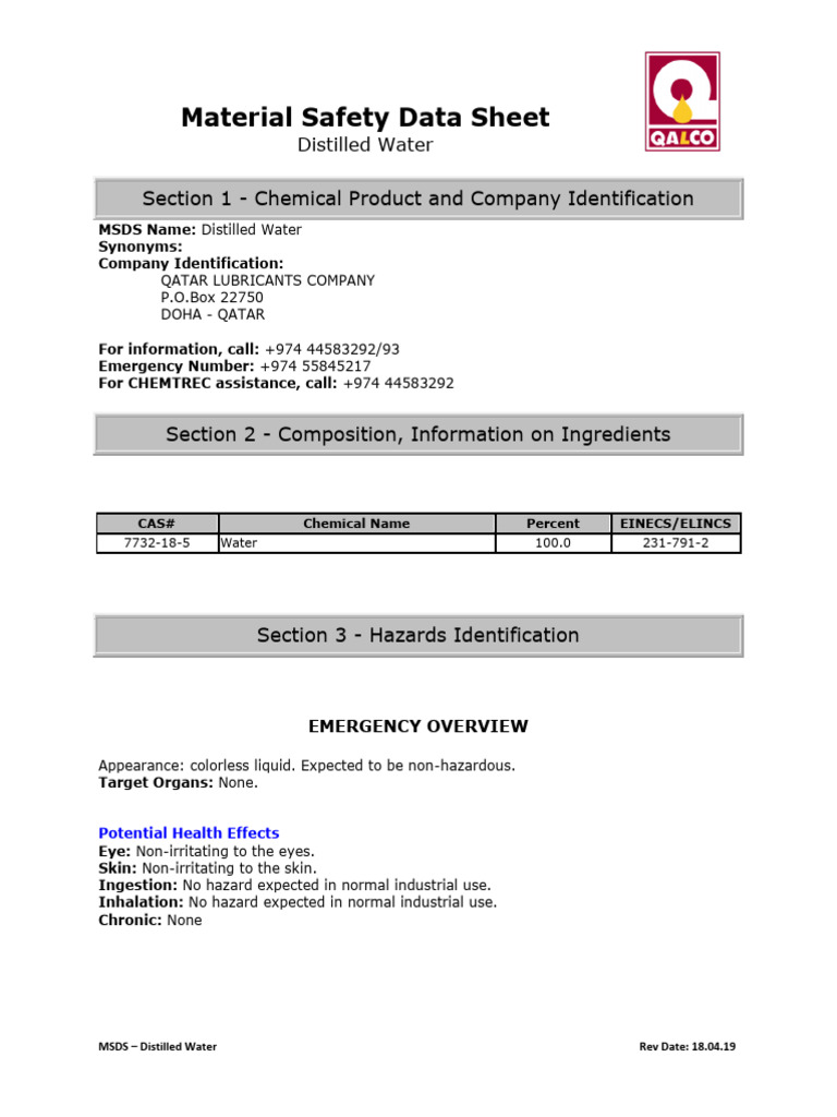 Distilled Water Safety Data Sheet | PDF | Water | Hazards