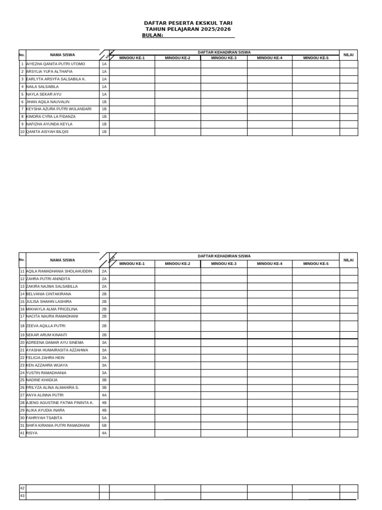 Data Peserta Ekskul 2025-2026 | PDF