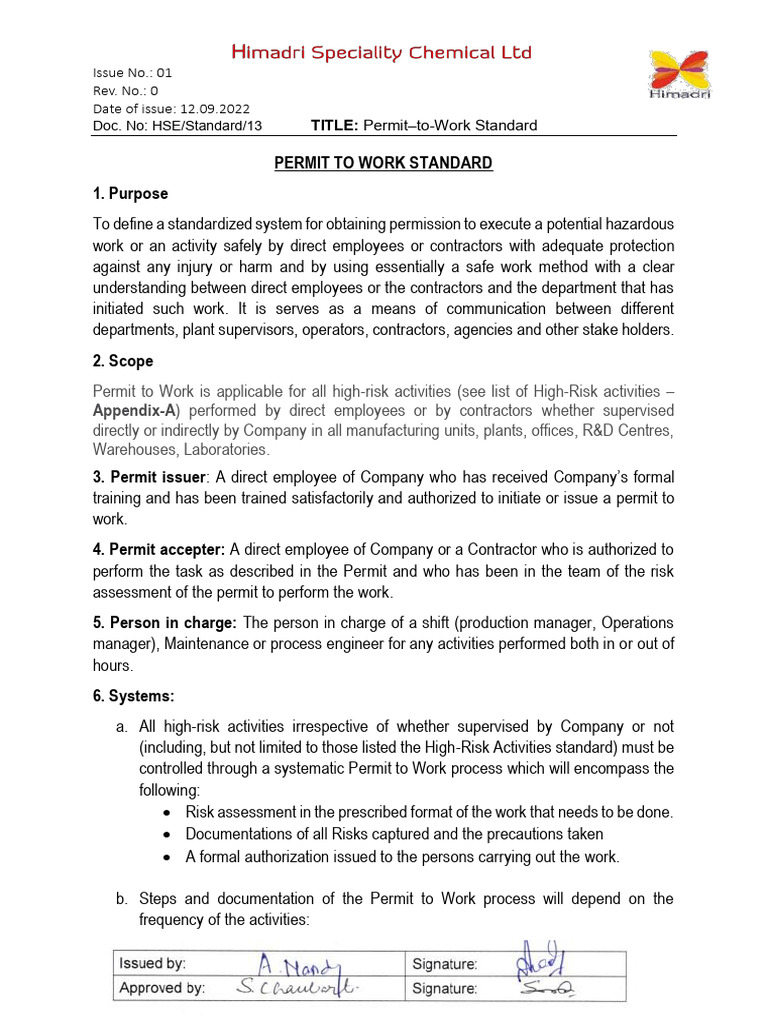 Permit to Work Standard Guidelines | PDF | Safety | Occupational Safety ...